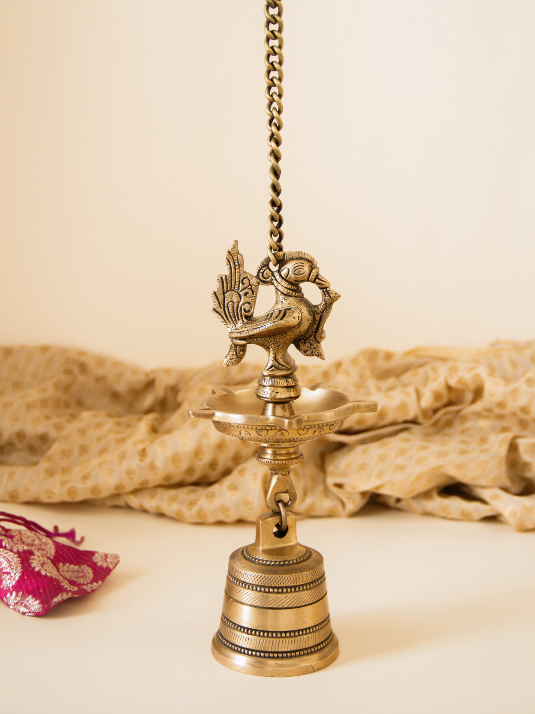 Brass Peacock Pancham Diya With Bell with Hanging Chain — Khojcrafts