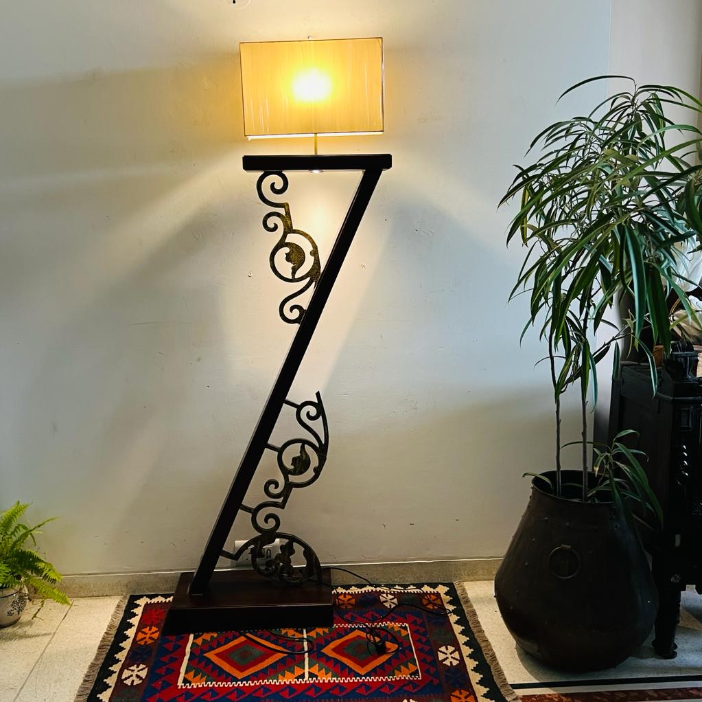 Statement Diagonal Metal and Wood Floor Lamp with Brass Details ( Shad ...