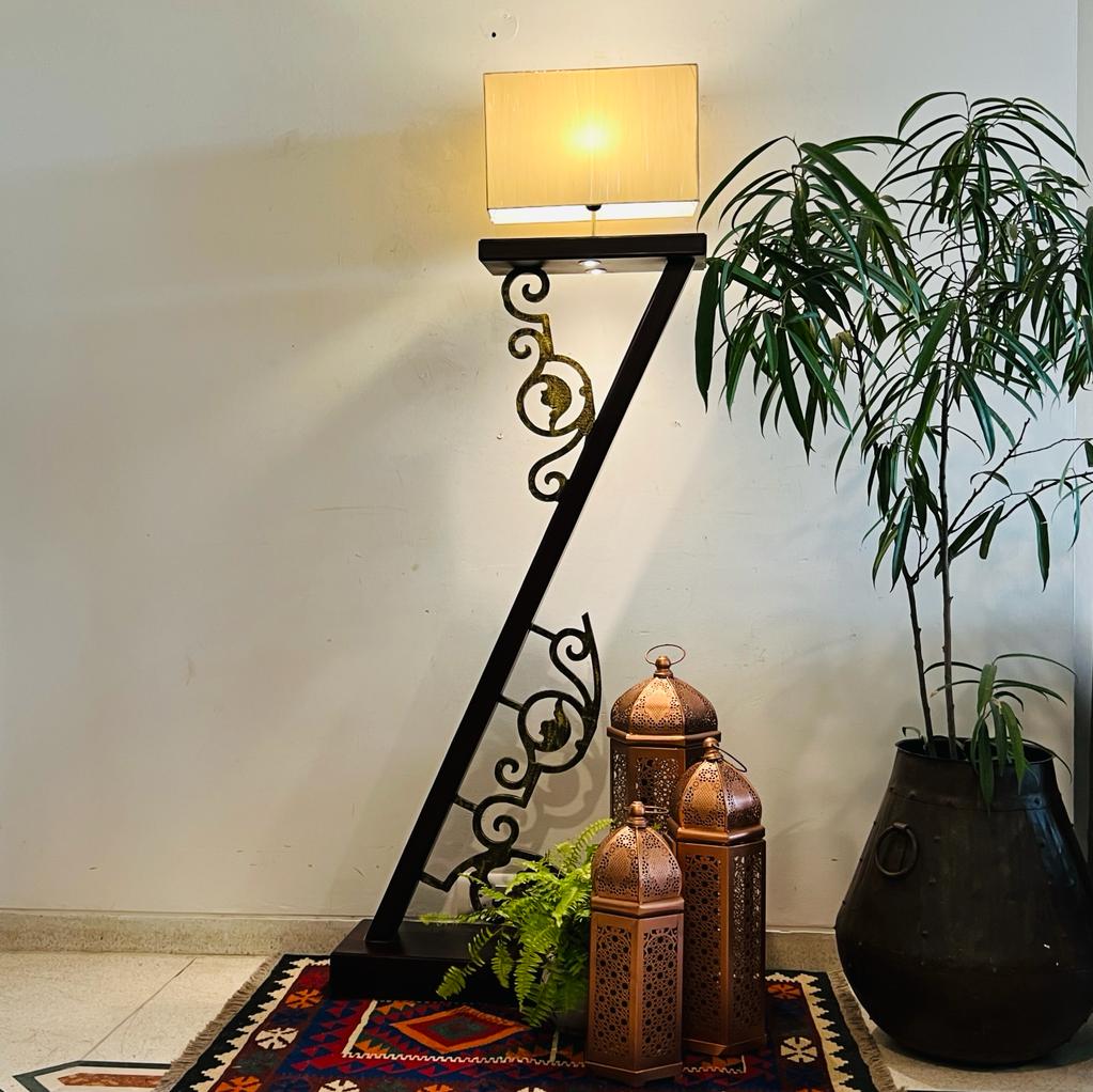 Statement Diagonal Metal and Wood Floor Lamp with Brass Details ( Shad ...